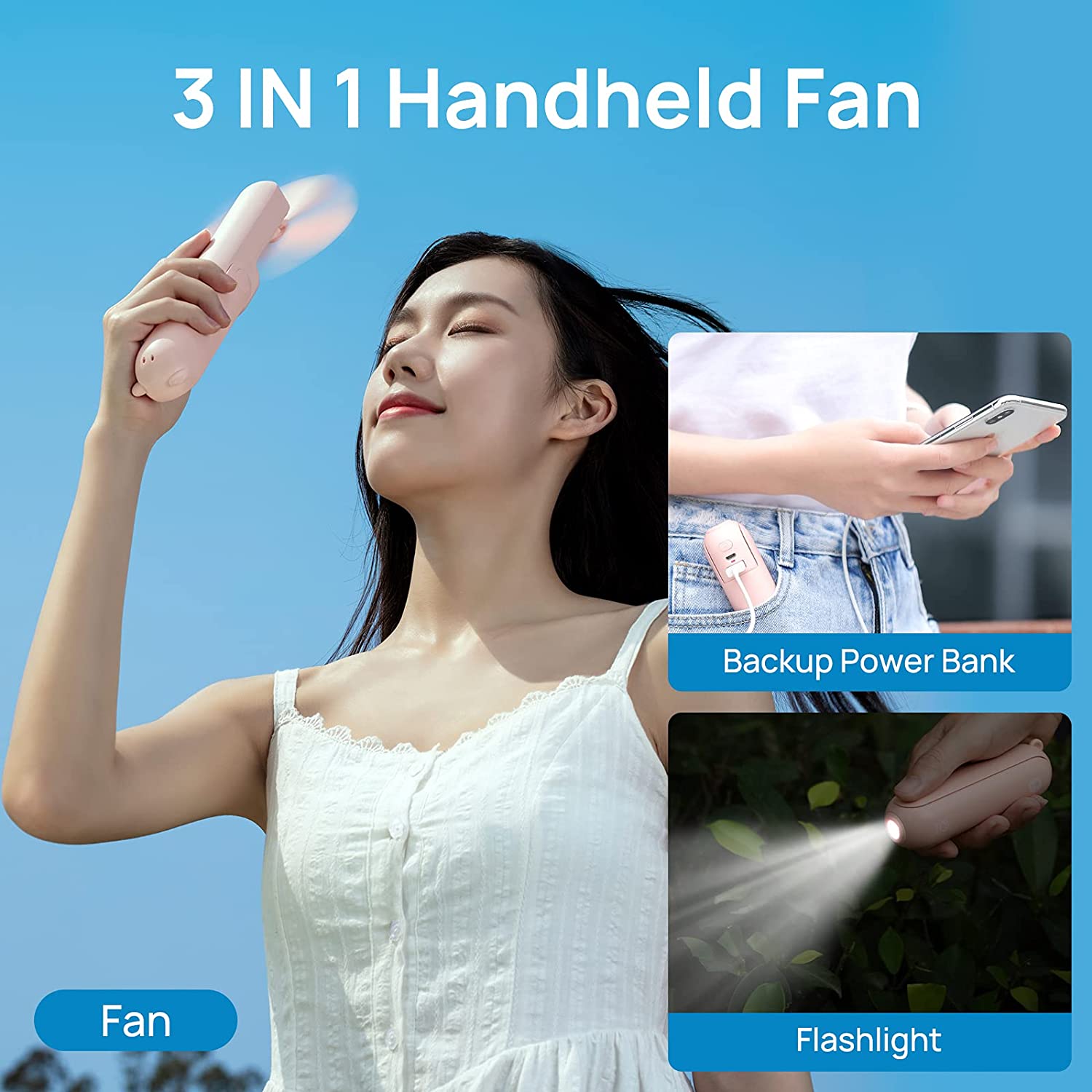 Handheld Mini Fan Portable USB Pocket Fan with Power Bank, Flashlight ...