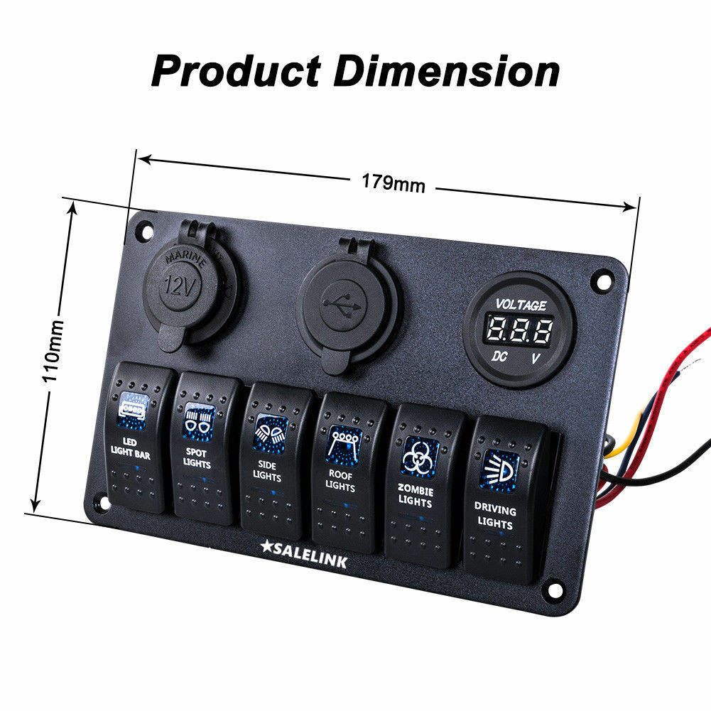 6 Gang LED Rocker Switch Panel Circuit Breakers Charger 12V USB ...