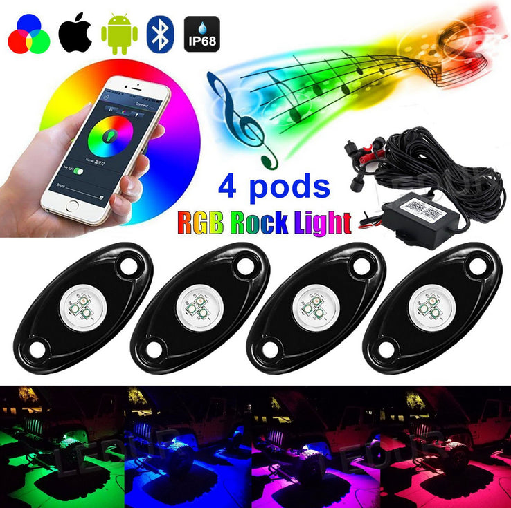 4 Pods RGB Led Rock Light Controller Remote Multicolor Neon Led Light ...