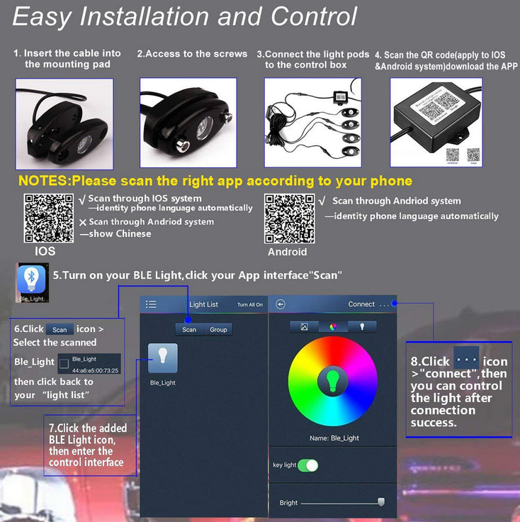 4 Pods RGB Led Rock Light Controller Remote Multicolor Neon Led Light ...